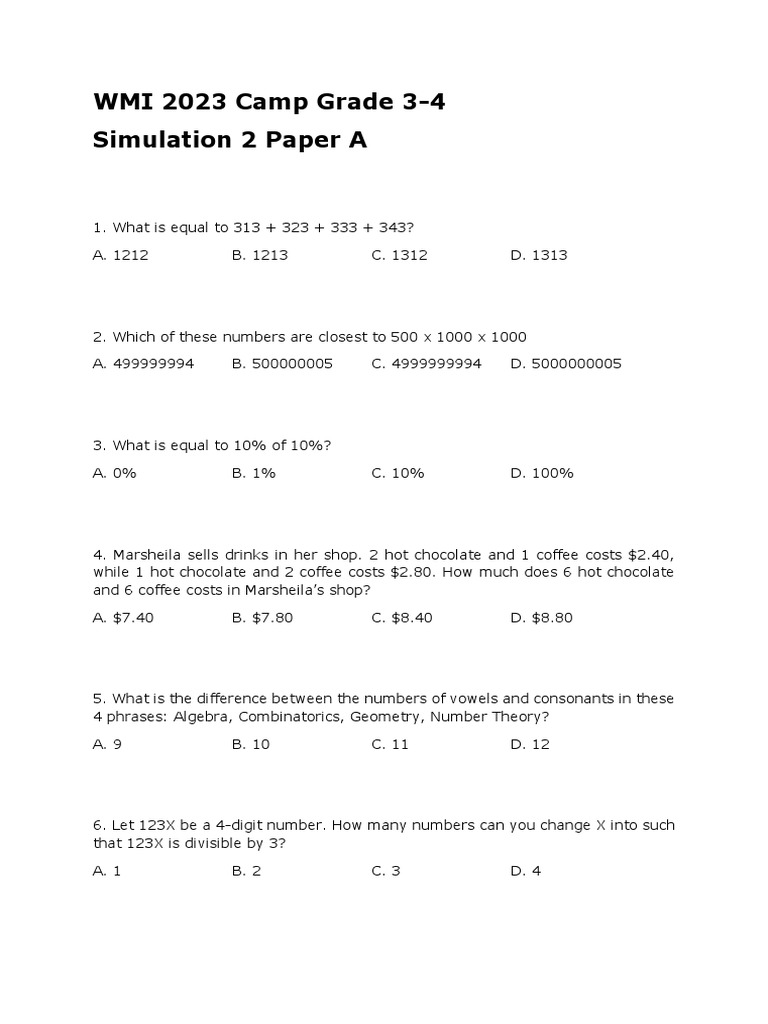 WMI 2023 Camp Simulation 2 Paper A | PDF | Numbers | Discrete Mathematics