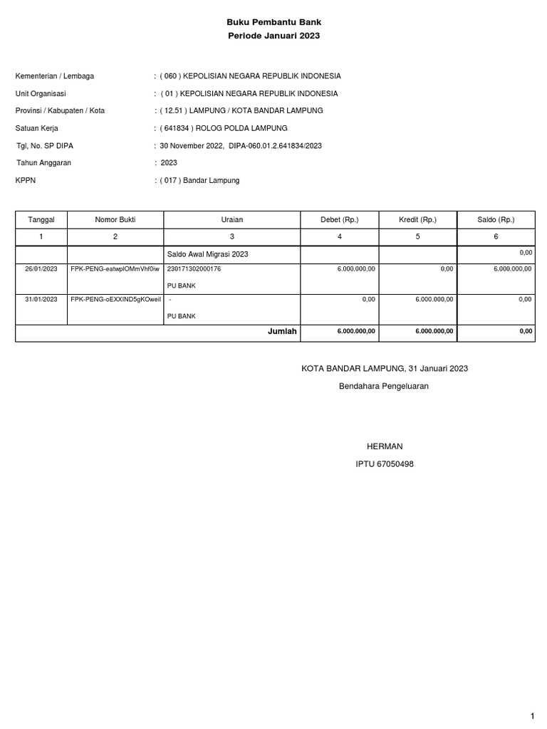 Buku Pembantu Kas Bank 641834 01-2023 | PDF