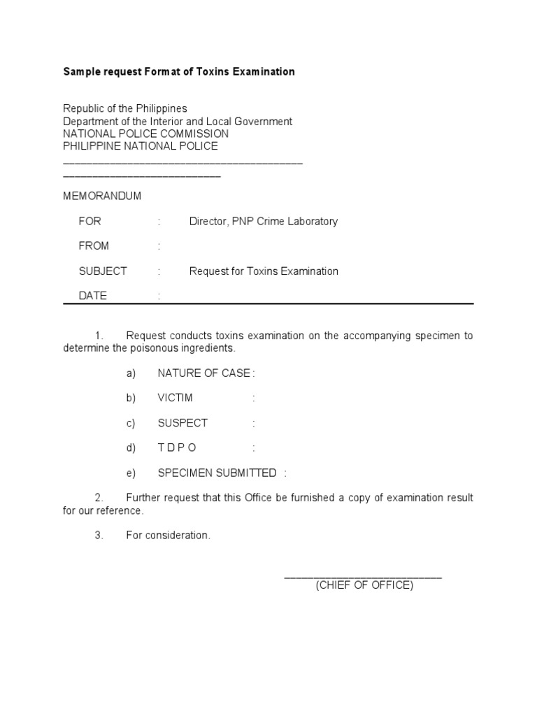 Sample Request Format of Toxins Examination | PDF