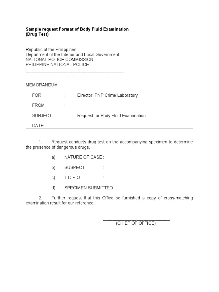 Sample Request Format of Body Fluid Examination | PDF