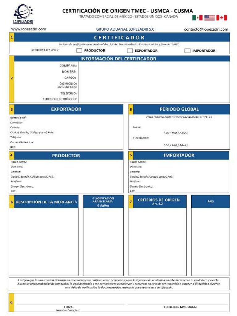 Certificado de Origen TMEC Editable | PDF