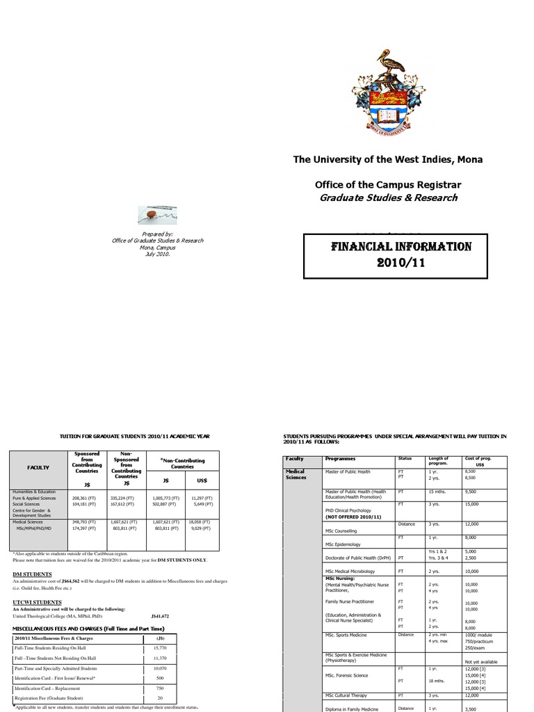 UWI Mona Graduate Tuition and Fees Guide | PDF | Doctor Of Philosophy ...