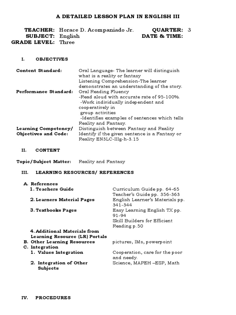 A Detailed Lesson Plan in English Iii | PDF | Lesson Plan | Learning