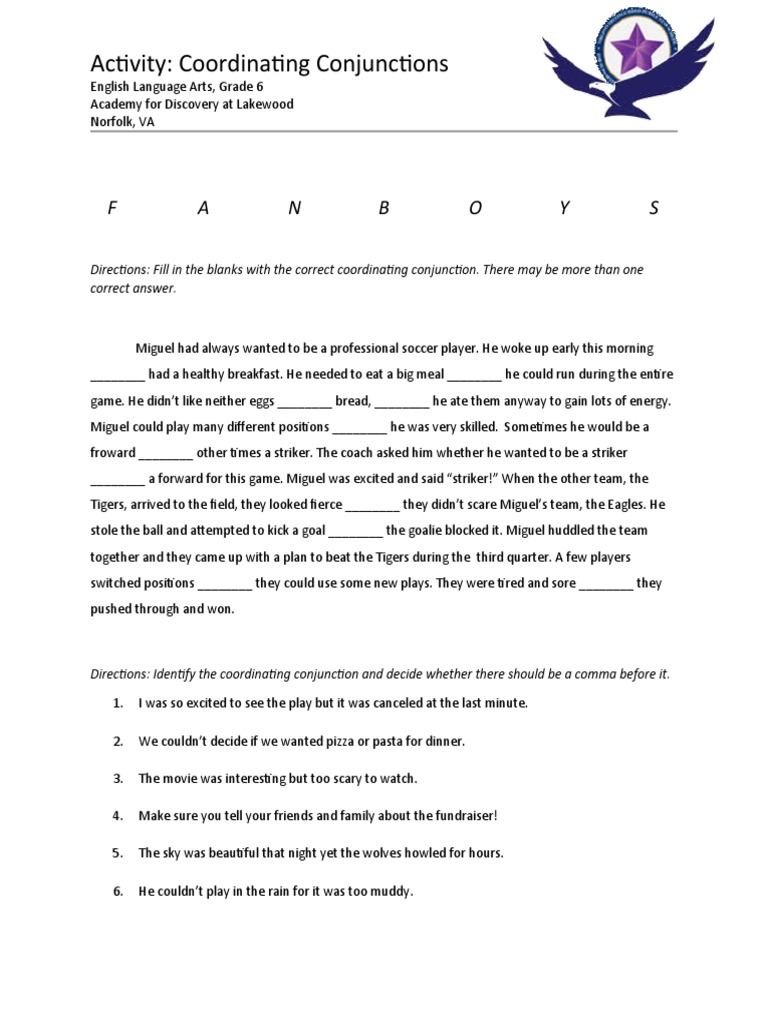 Grade 6 Coordinating Conjunctions Activity | PDF | Linguistics
