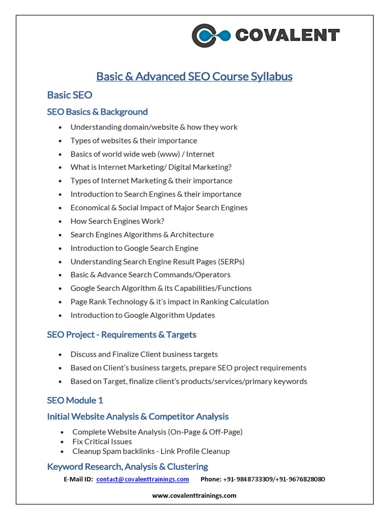 Basic & Advanced SEO Course Syllabus | Download Free PDF | Search Engine Optimization | E Commerce