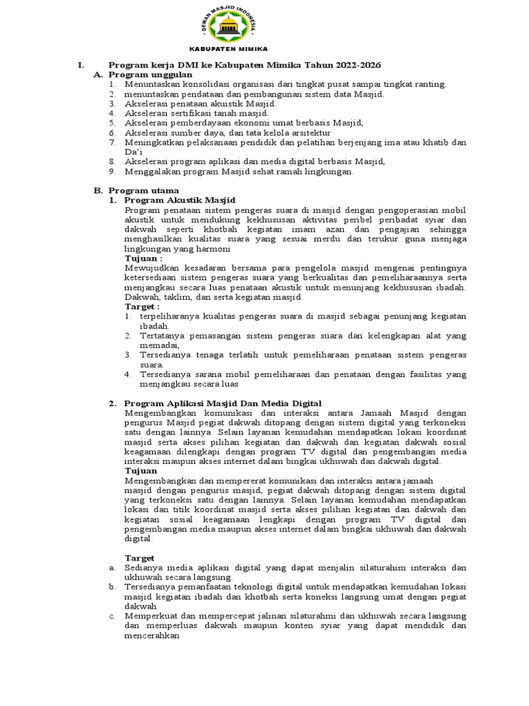 Program Kerja DMI Ke Kabupaten Mimika Tahun 2022 - 2026 | PDF | Bisnis | Komputer