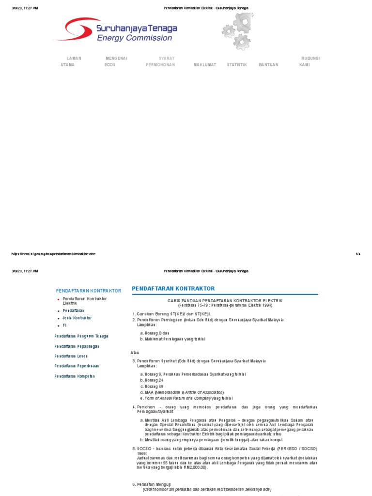 Pendaftaran Kontraktor Elektrik - Suruhanjaya Tenaga | PDF