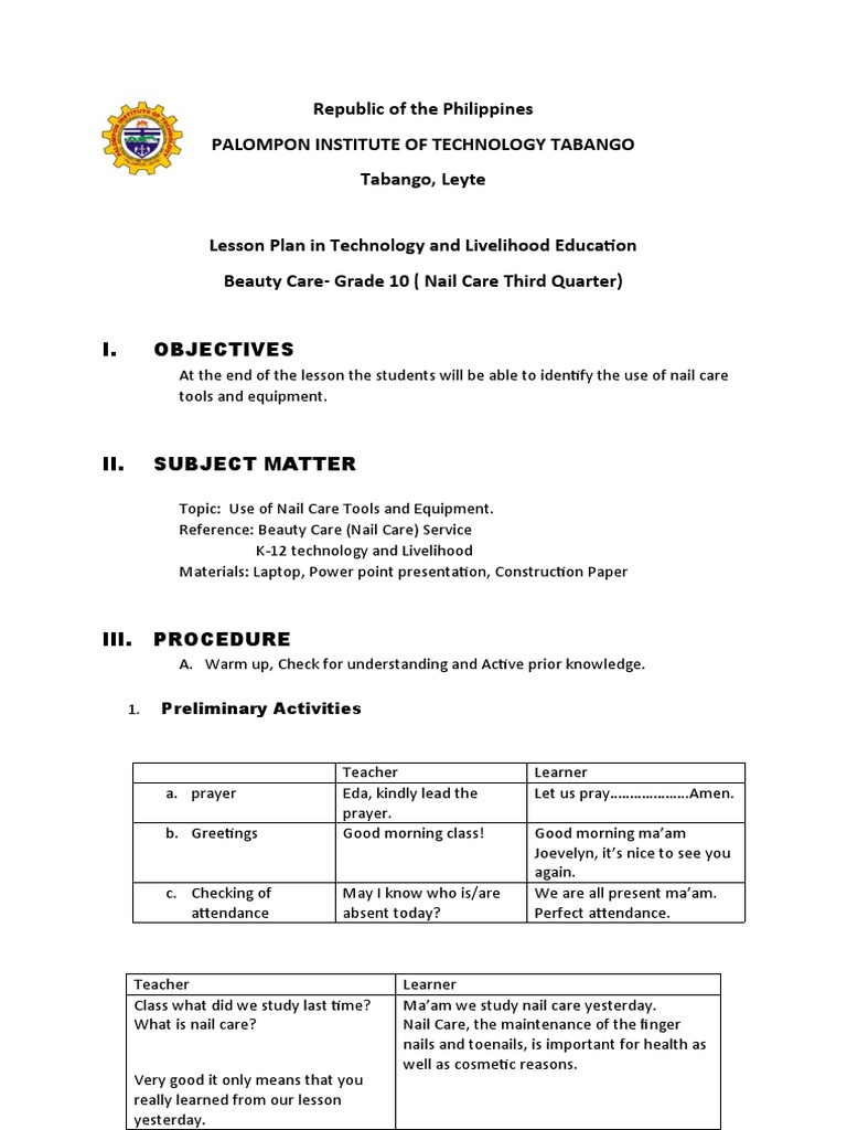 Detailed Lesson Plan in Cosmetology (Nail Care) | PDF | Nail (Anatomy) | Lesson Plan