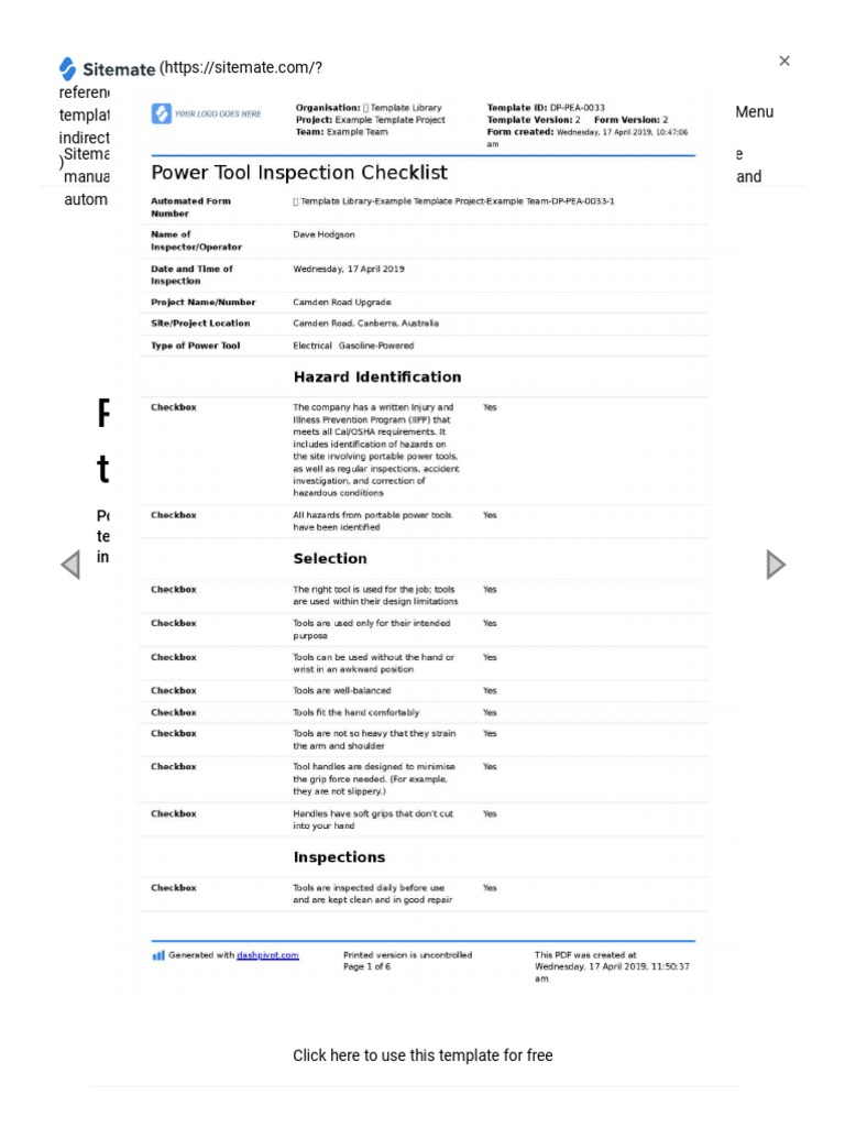 Power Tool Inspection Checklist Template (Free and Edtaible Form) | PDF | Cloud Computing ...