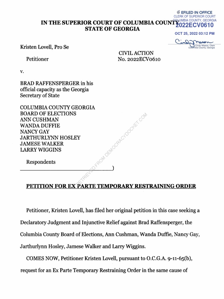 2022.10.25 Petition of Ex Parte Temporary Restraining Order Democracy Docket | PDF | Voting ...