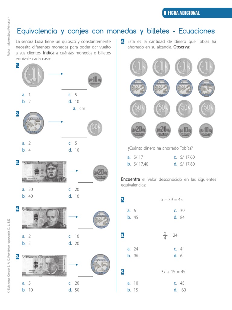 FA - Equivalencia y Canjes Con Monedas y Billetes - Ecuaciones | PDF