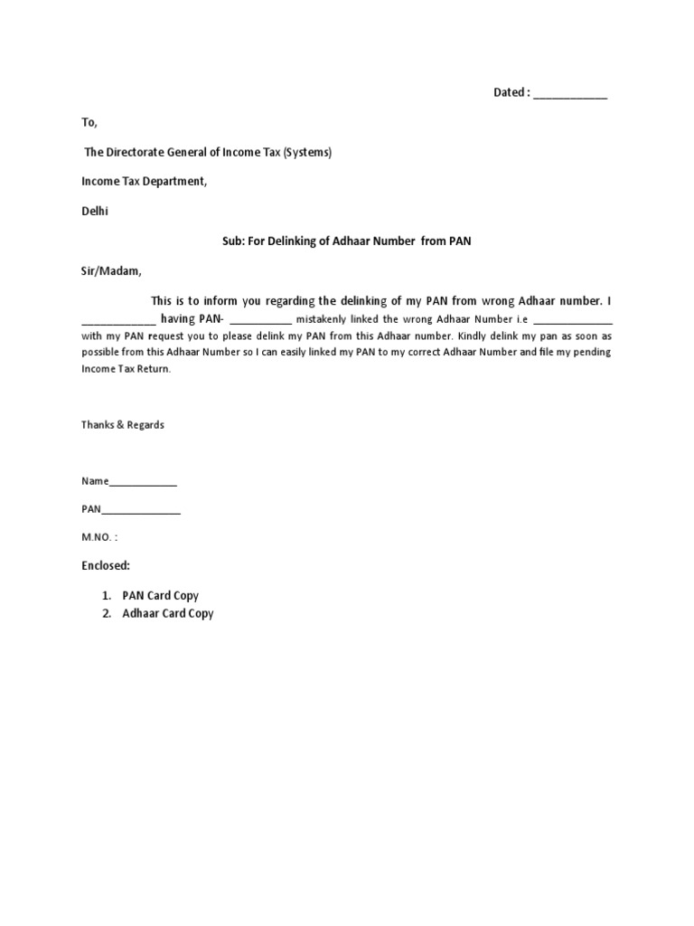 Adhaar-Pan Delink Letter | PDF Adhaar-Pan Delink Letter | PDF
