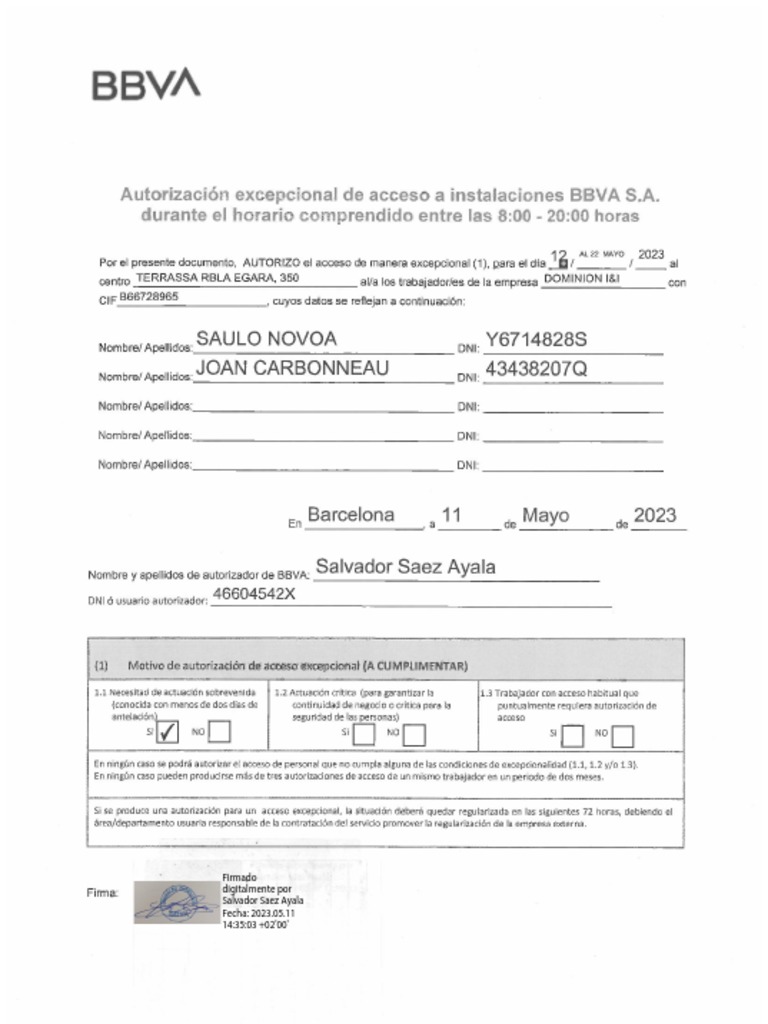 Autorización Excepcional de Acceso a Instalaciones BBVA PERMISO PRIVISIONAL1 Dominion | PDF