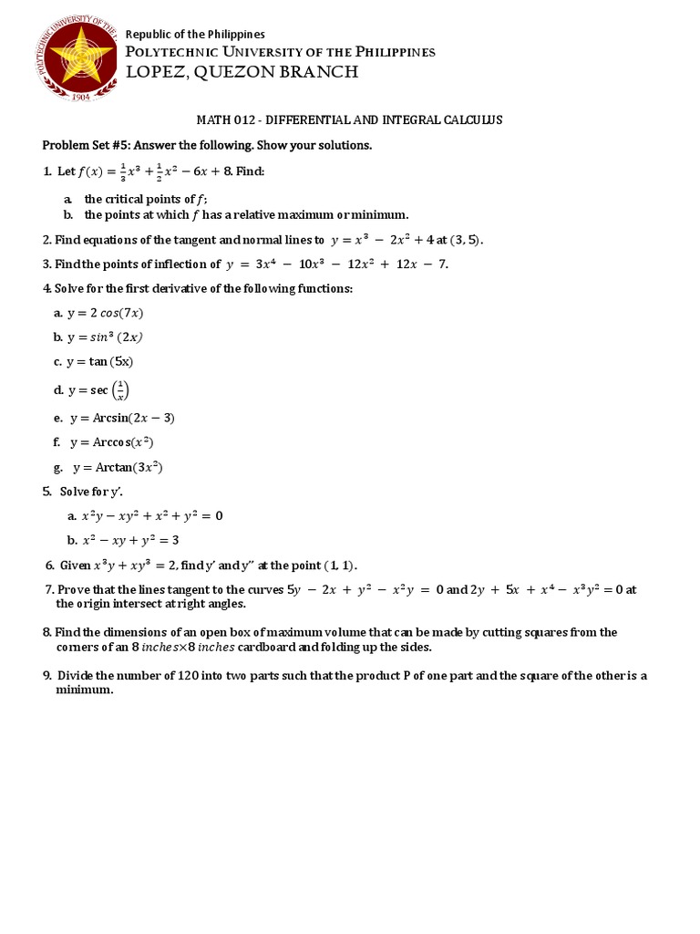 Problem Set 5 MATH 012 | PDF