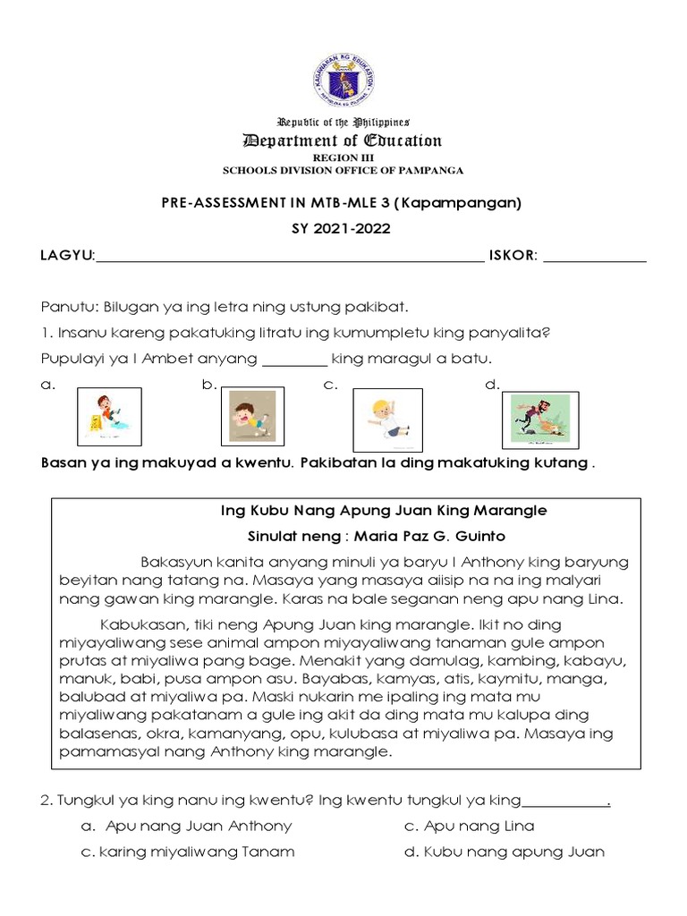 Pre-Assessment MTB-MLE 3 Kapampangan | PDF | Phrase | Syntactic Relationships