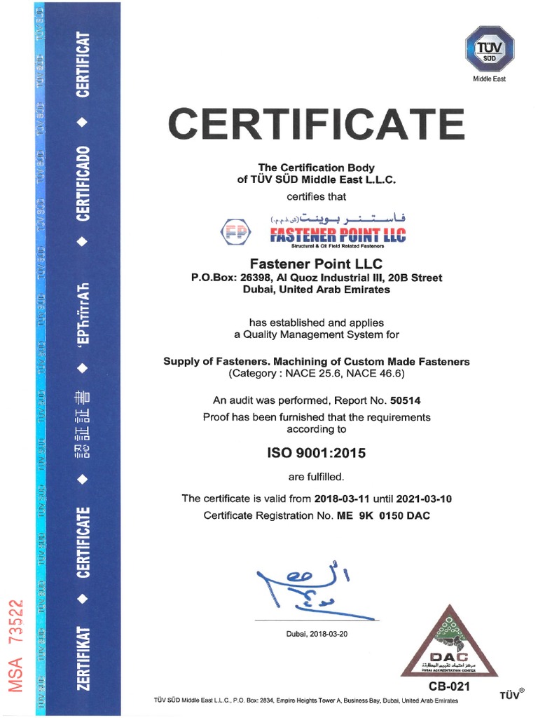 Fastener Point LLC - Iso 9001.2015 | PDF