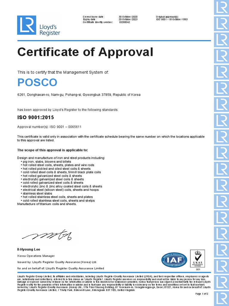 Iso Certificate Posco | PDF | Steel | Rolling (Metalworking)