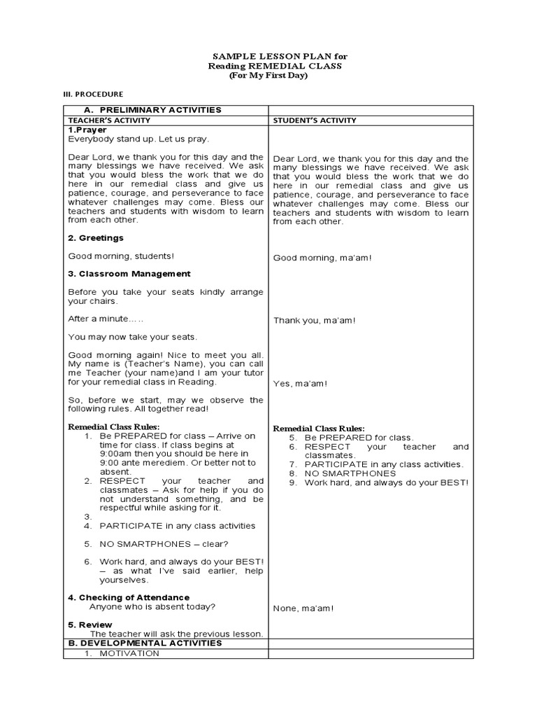Lesson Plan For Reading Remedial | PDF | Teachers | Lesson Plan