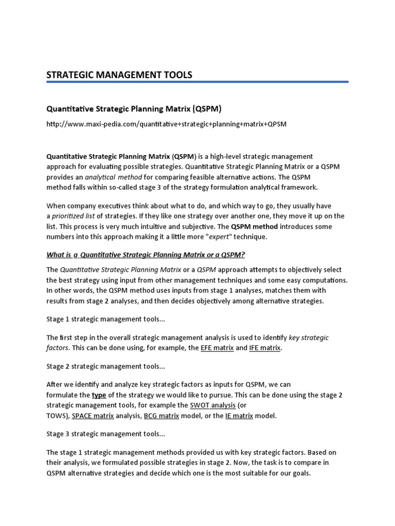 QSPM: A Strategic Evaluation Tool | PDF | Swot Analysis | Strategic ...