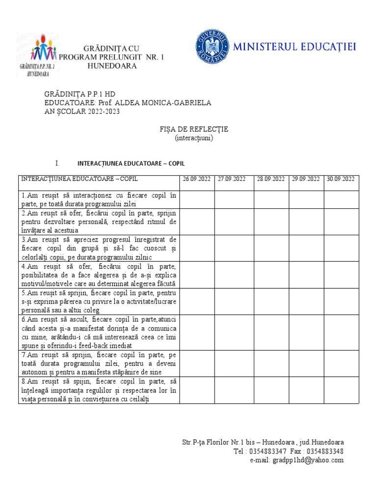 Fisa de Reflectie SEPT 2022 | PDF