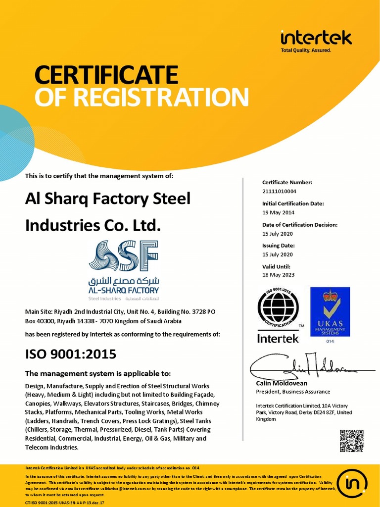 CT-IsO 9001-2015-UKAS-En-Al Sharq Factory Steel Industries Co ...