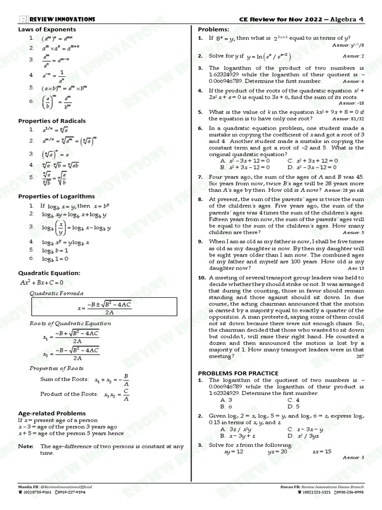 2022 Nov Algebra 4 | PDF | Quadratic Equation | Equations