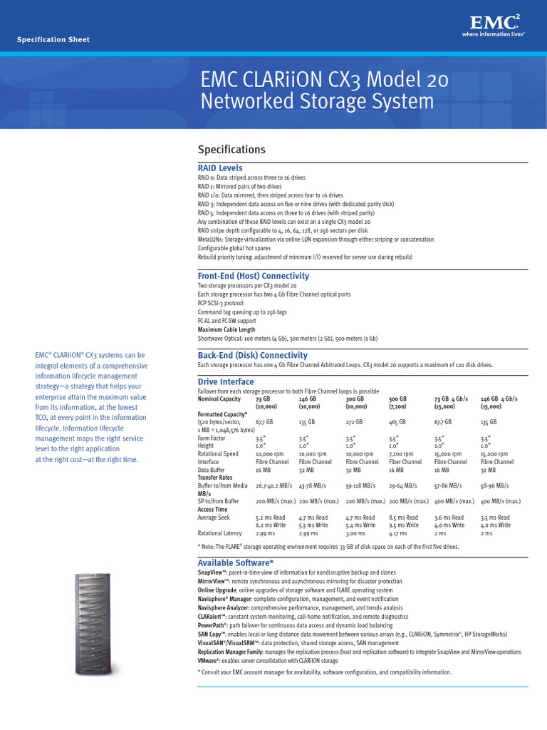 EMC CLARiiON CX3 Model 20 Networked Storage System Specification Sheet | Download Free PDF ...