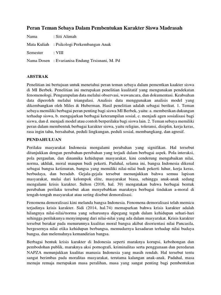 Sti Alimah Peran Teman Sebaya Dalam Pembentukan Karakter Siswa Madrasah Artikel Pdf
