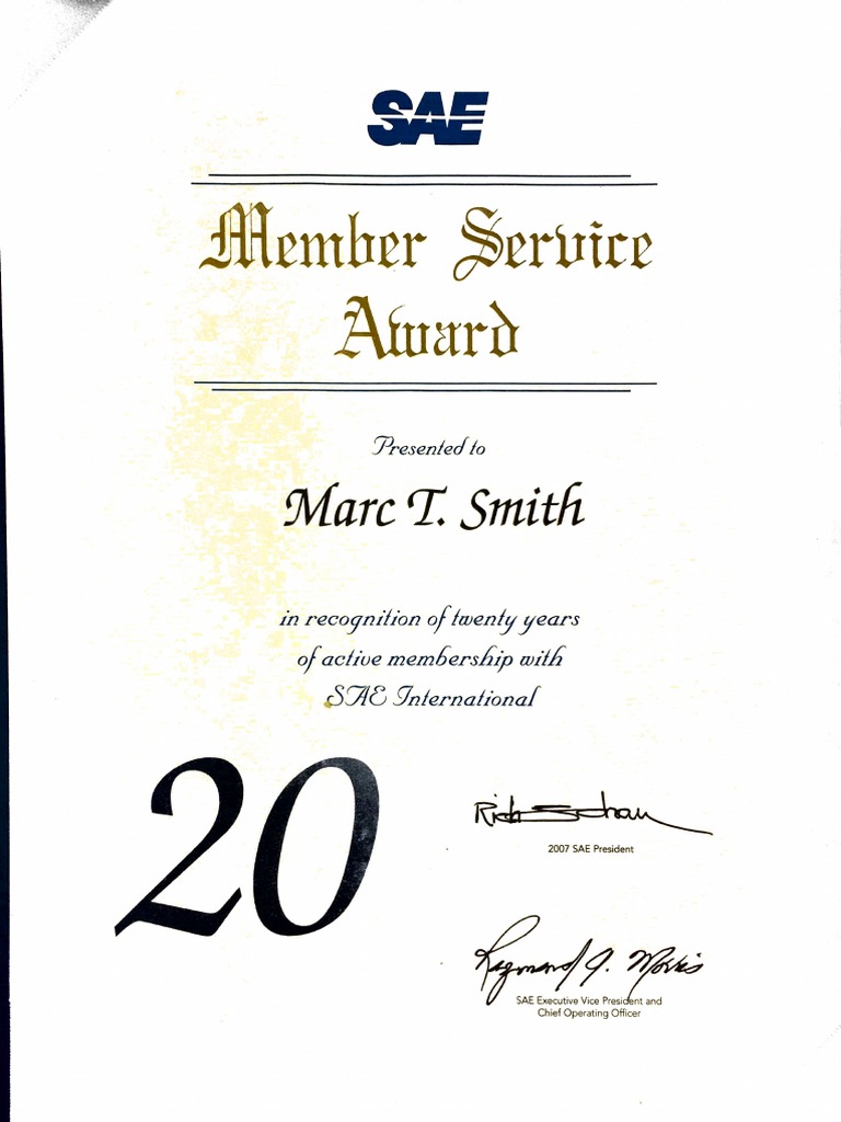 Marc T Smith - SAE 20 Year Certificate From 2007 | PDF