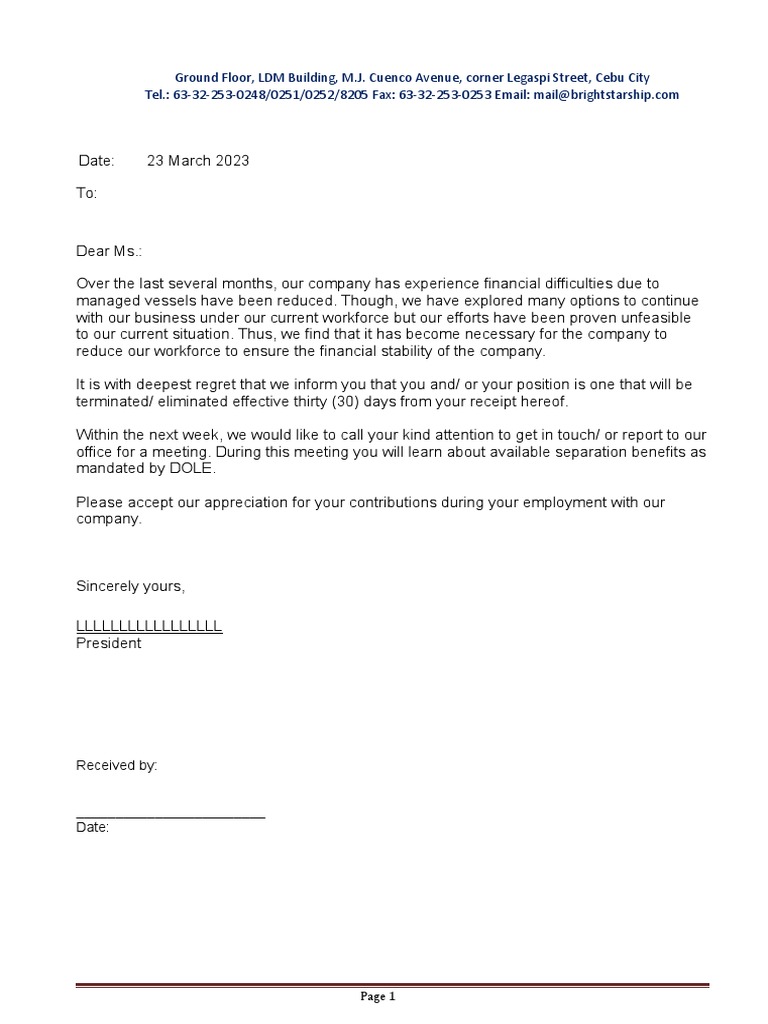 Workforce Reduction Notification Letter | PDF