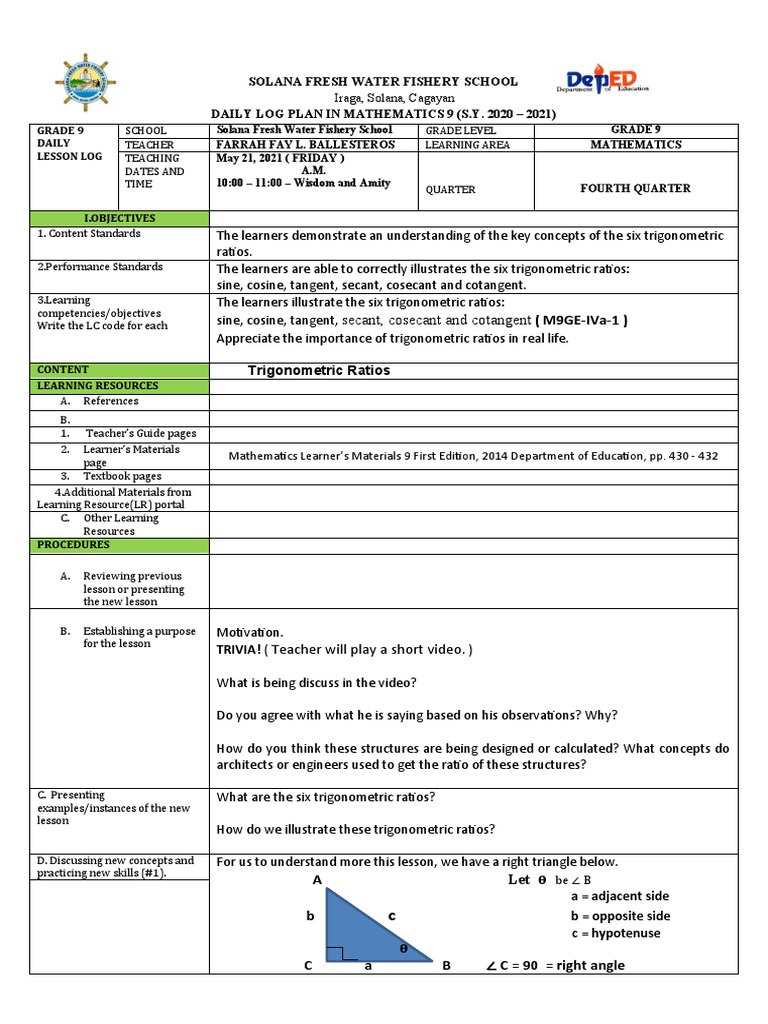 Grade 9 Trigonometric Ratios Lesson Plan | PDF | Trigonometric ...