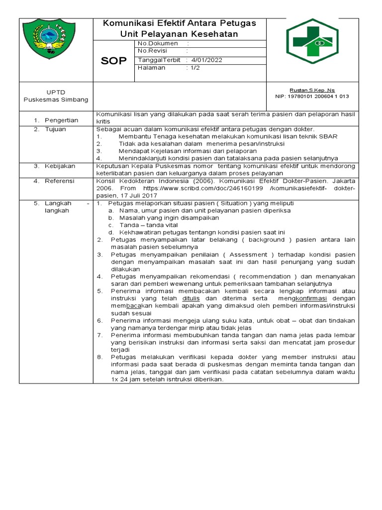 SOP Penyampaian Informasi SBAR TBAK | PDF