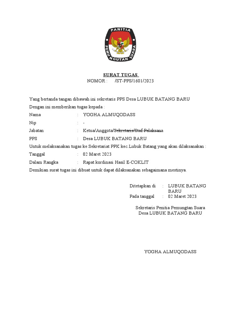 Surat Tugas Panitia Pemungutan Suara LBB | PDF Surat Tugas Panitia Pemungutan Suara LBB | PDF