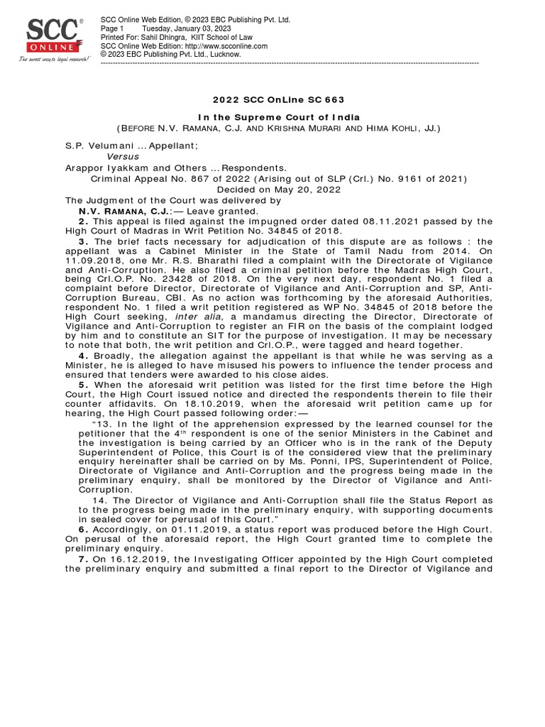 S.P. Velumani v. Arappor Iyakkam, 2022 SCC OnLine SC 663 | PDF | Appeal | Justice