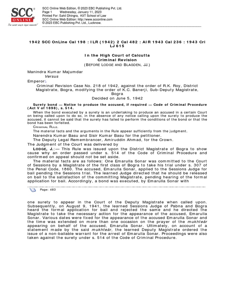 Manindra Kumar Majumdar v. Emperor, 1942 SCC OnLine Cal 198 | PDF | Bail | Magistrate