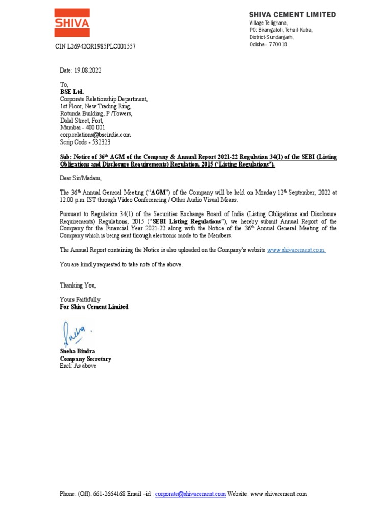 Shiva Cement's 36th AGM Notice | PDF | Cement | Infrastructure