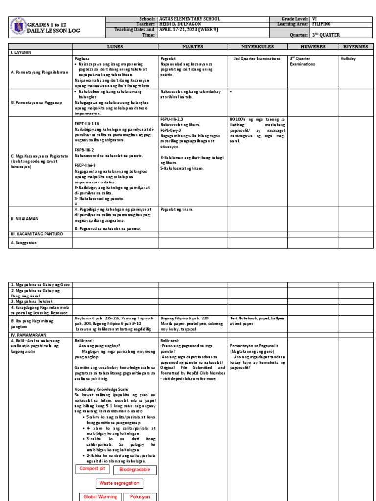 DLL - Filipino 6 - Q3 - W9 | PDF
