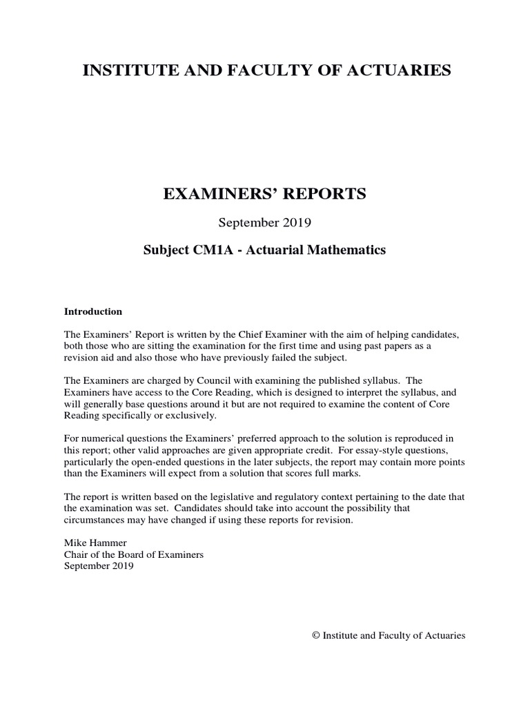 IandF CM1A 201909 Examiners Report | PDF | Insurance | Actuary