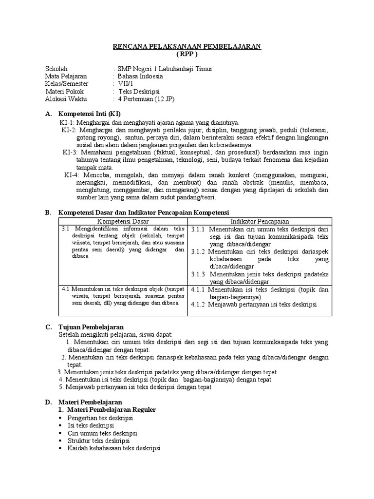 RPP Kelas 1 Semester 1 | PDF