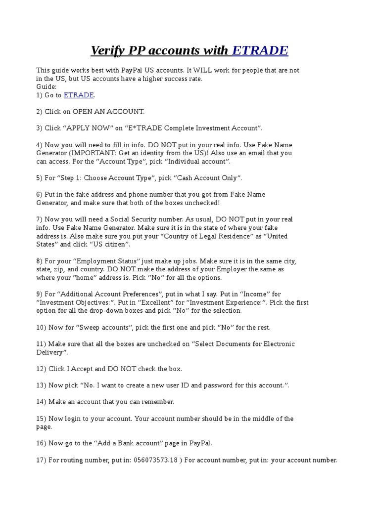 Verify PP Accounts With ETRADE | PDF