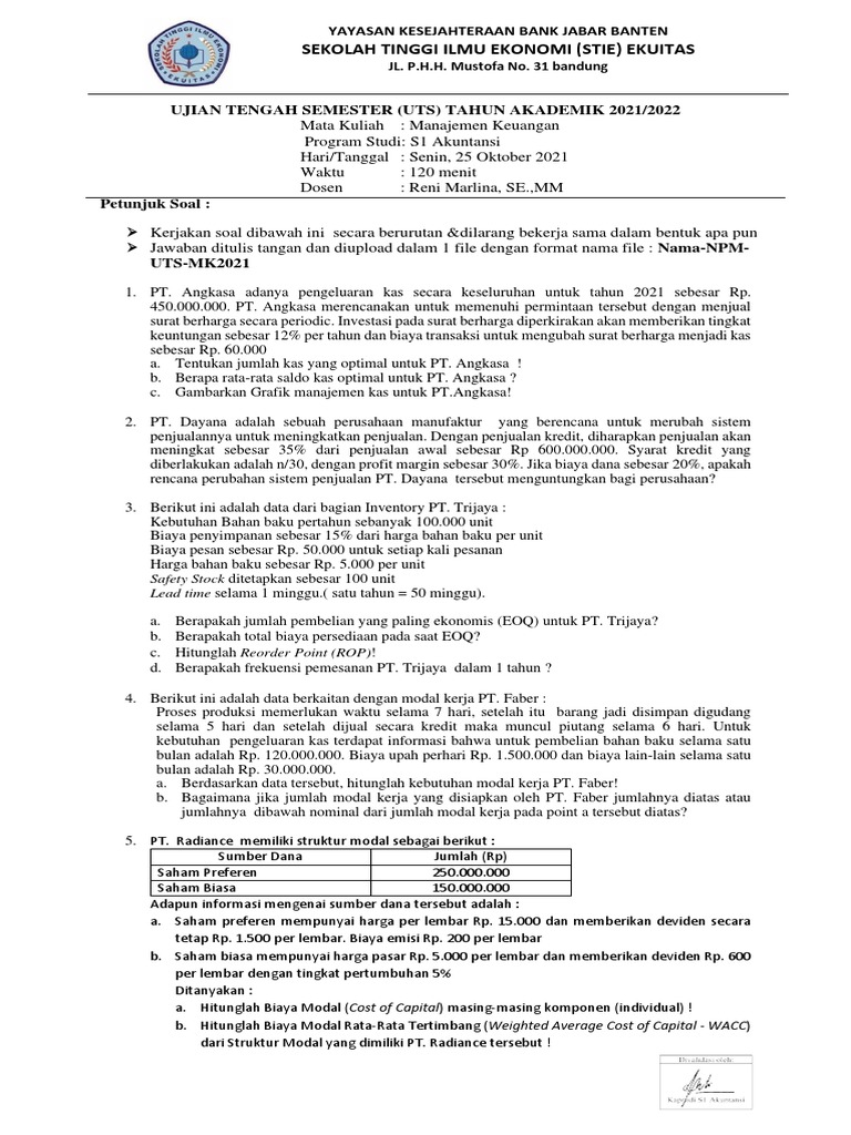 Soal UTS Manajemen Keuangan S1 Akuntansi TA 2021 Validasi | PDF