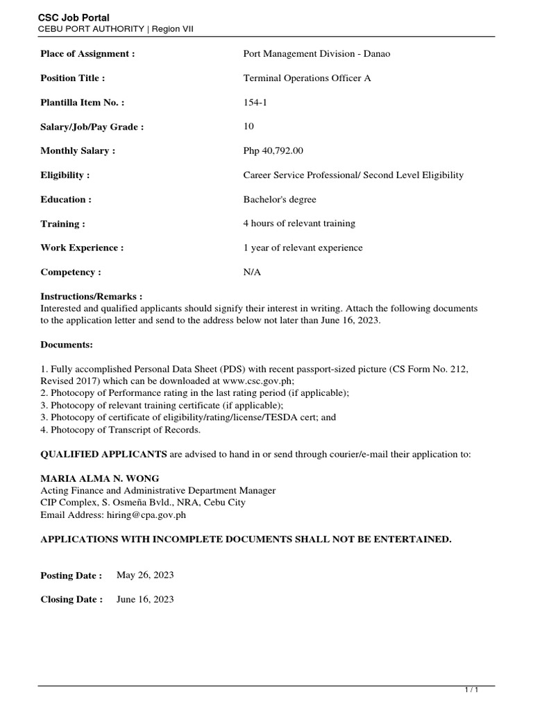 Terminal Operations Officer Job Opening | PDF