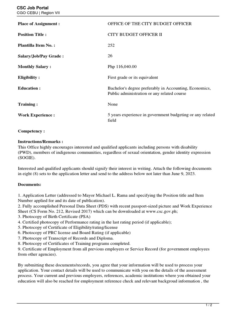 Cgo Cebu-City Budget Officer Ii | PDF | Employment