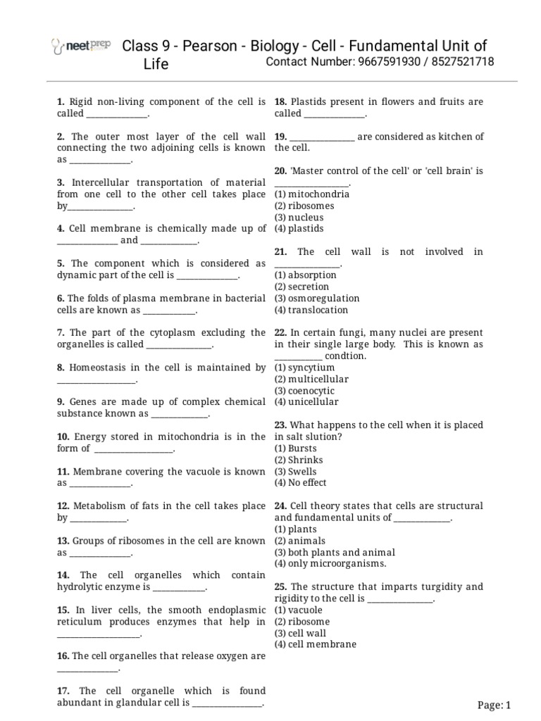 Class 9 - Pearson - Biology - Cell - Fundamental Unit of Life | PDF ...