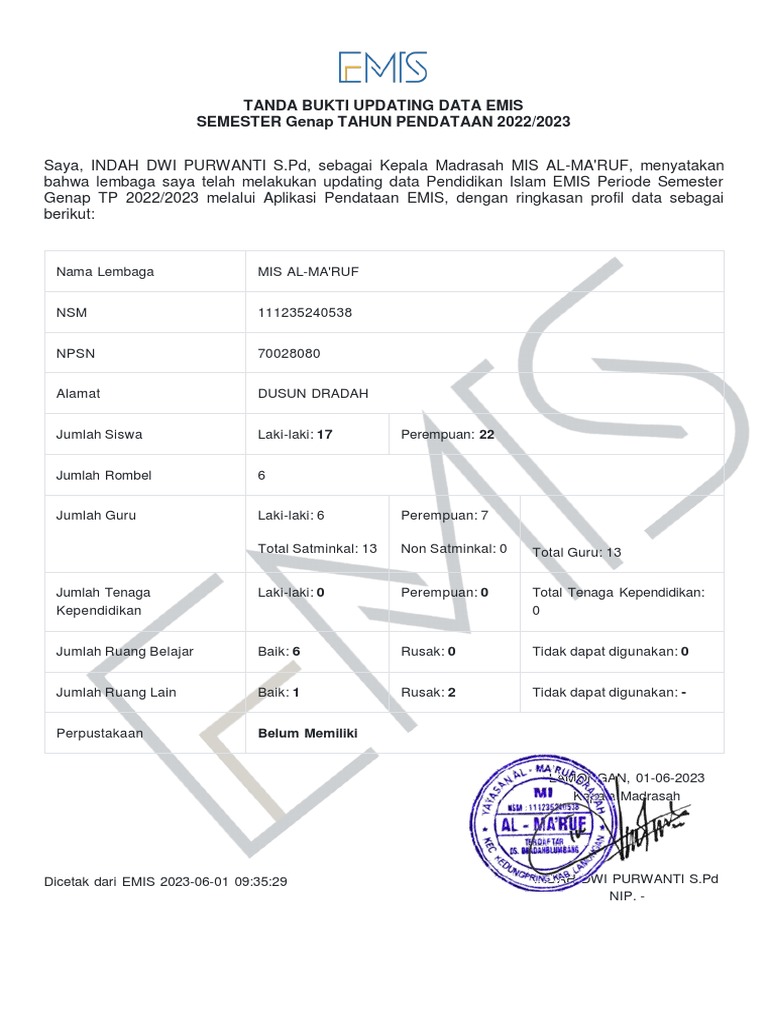 BAP EMIS - MIS AL-MA'RUF Genap 2022-2023 | PDF