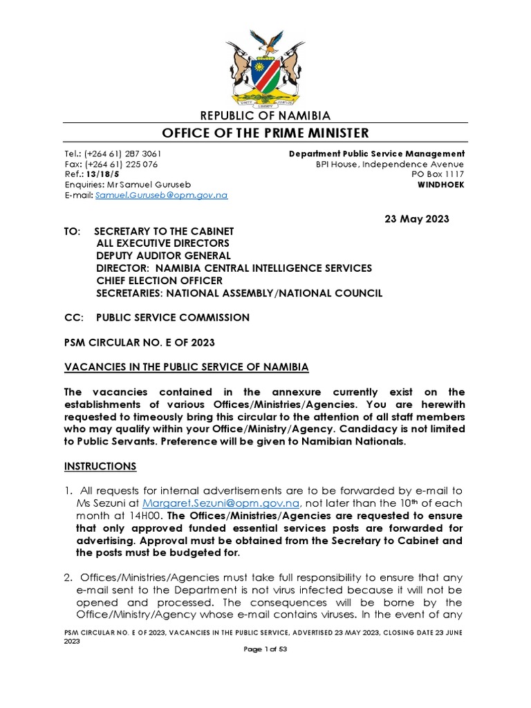 PSM Circular No. E of 2023 | PDF | Namibia | Strategic Planning