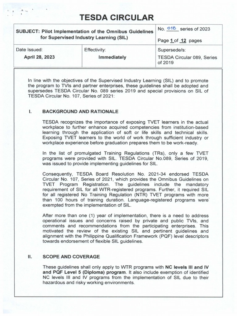 TESDA Circular No. 018 2023 - New SIL Guidelines | PDF