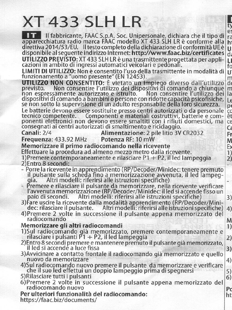 Manuale Telecomando Faac XT2 433 SHL LR | PDF