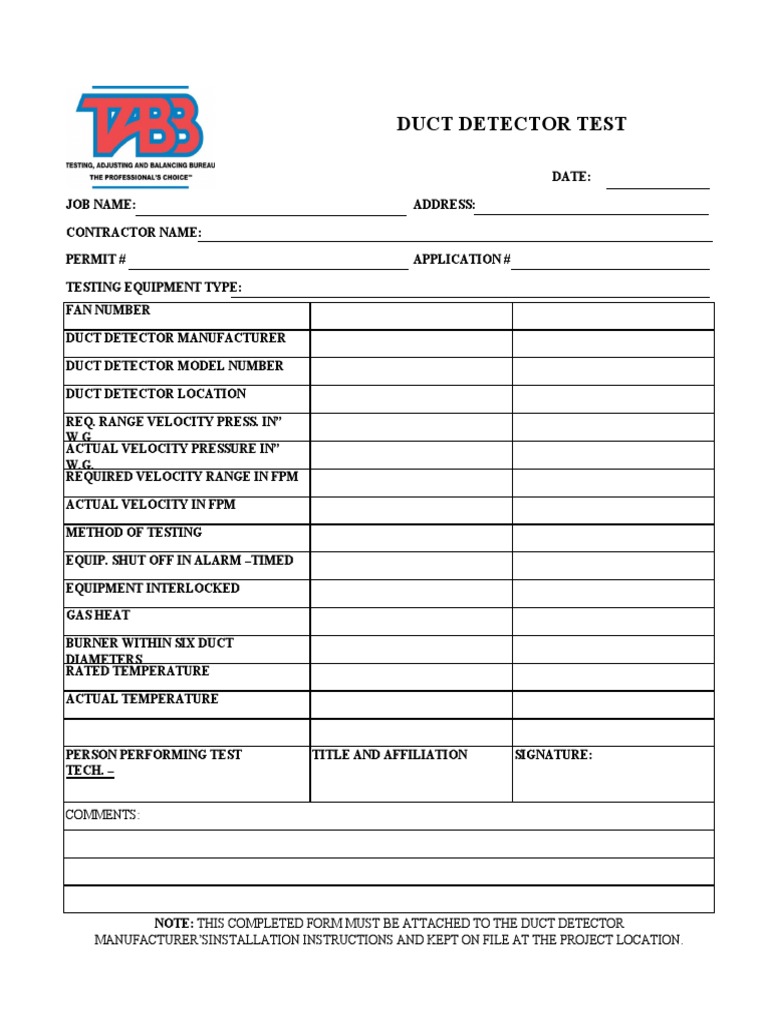 TABB Forms - Air Side Duct Detector Test Sheet 3 | PDF