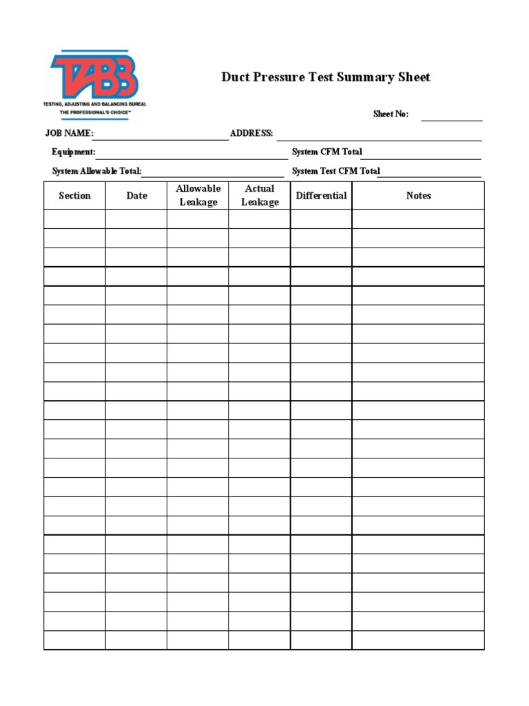 TABB Forms - Air Side Duct Pressure Test Summary Sheet | PDF